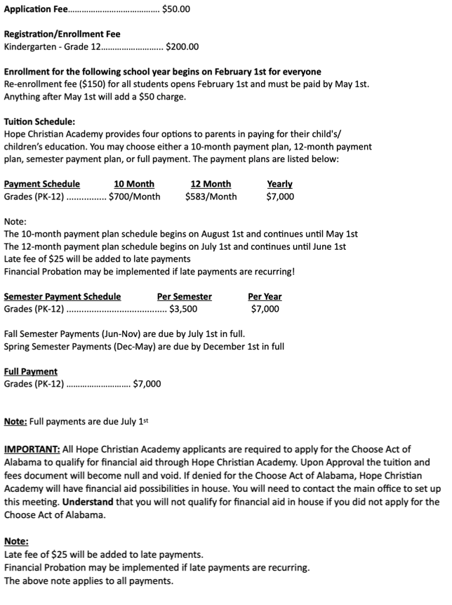 Tuition & Fees - Hope Christian Academy